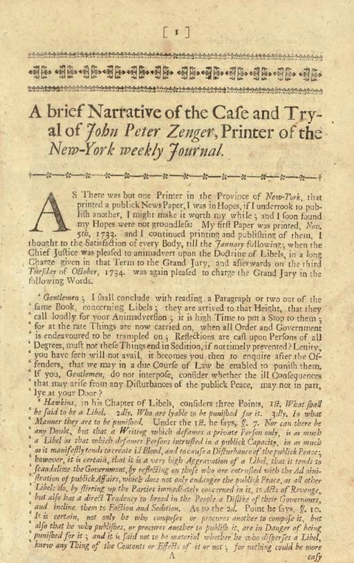 ZENGER, John Peter (1697-1746). [Caption-title:] A Brief Narrative of ...
