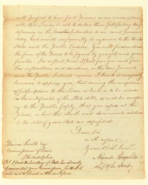 HAMILTON, Alexander. Letter signed ("Alexander Hamilton Secy of the ...