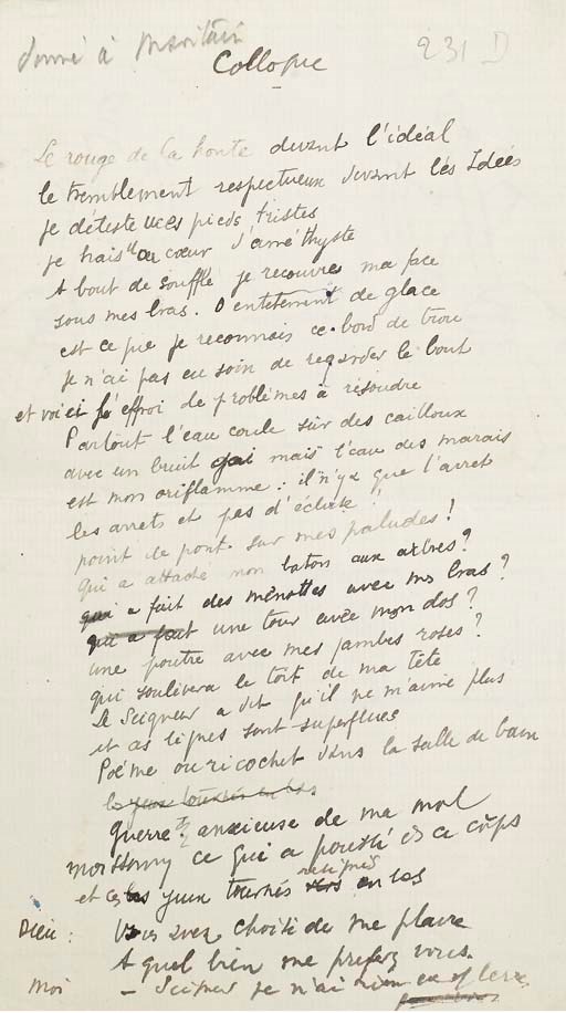 JACOB, Max (1876-1944). Colloque. Poème autographe comportant quelques ...