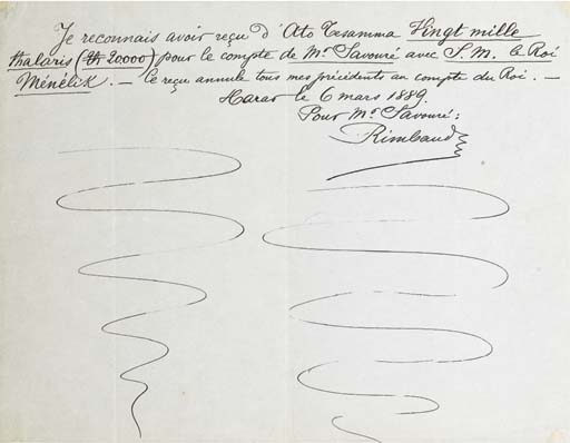RIMBAUD, Arthur (1854-1891). Reçu autographe signé et daté "Harar 6 ...