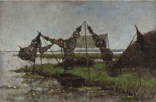 Adolf Frederik Lange (Dutch, 1861-1938) , Drying the fish-traps ...