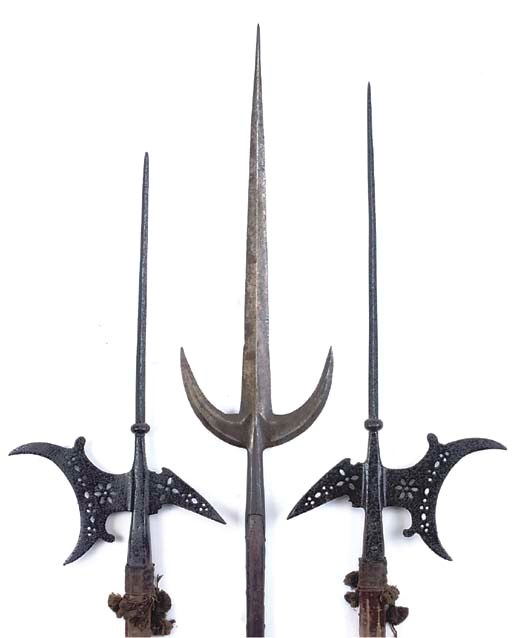 A PAIR OF ITALIAN PARADE HALBERDS; AN ITALIAN TRIDENT , THE FIRST ...
