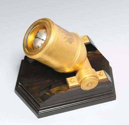 A rare Victorian gilt-brass and ebony timepiece in the form of a mortar ...