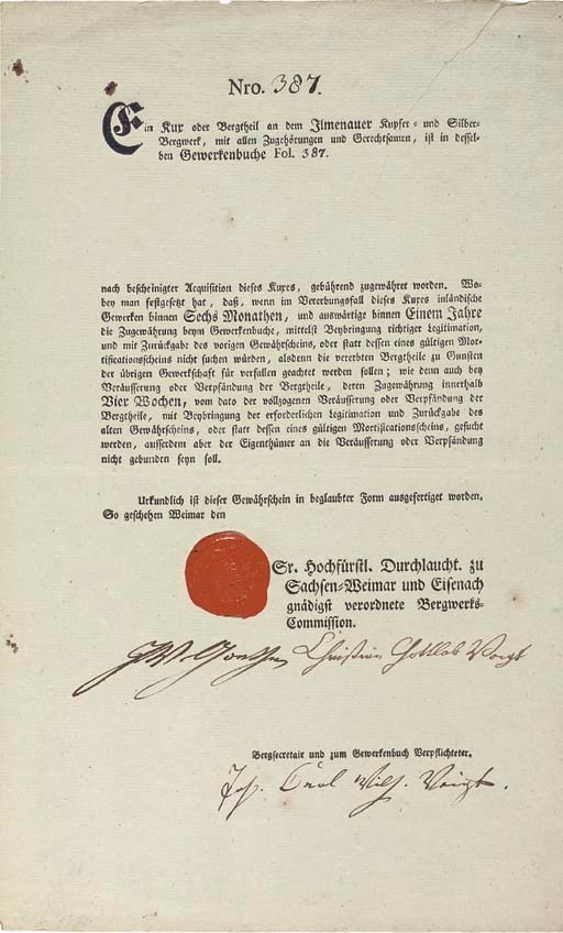 GOETHE, Johann Wolfgang von (1749-1832). Document signed ('J.W. v ...