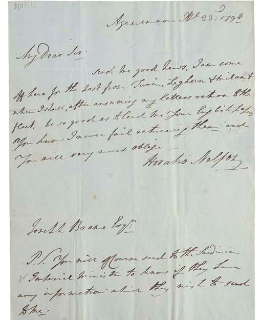 NELSON, Horatio, Viscount (1758-1805). Autograph letter signed (with ...