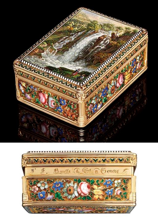 AN IMPORTANT SWISS ENAMELLED GOLD SNUFF-BOX SET WITH A ROMAN ...