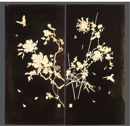 A pair of Japanese inlaid lacquered wall panels, Meiji