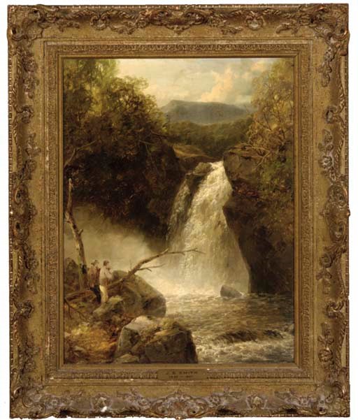 John Brandon Smith (1848-1884) , Figures overlooking a waterfall ...