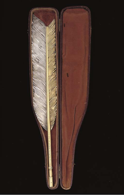 A VICTORIAN PARCEL-GILT SILVER PRIZE QUILL PEN,