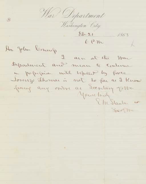 STANTON, Edwin M. Autograph letter signed ("E. M. Stanton") to Senator ...