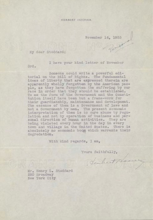 HOOVER, Herbert. Typed letter signed ("Herbert Hoover"), as former ...