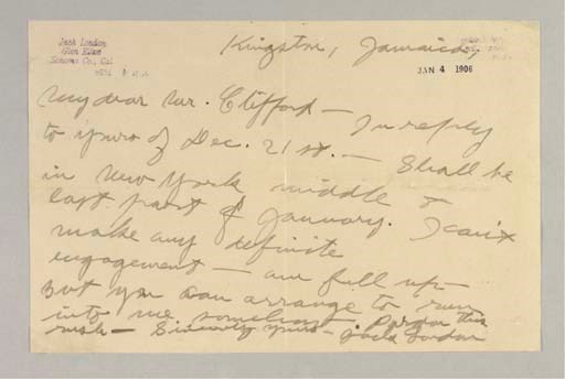 LONDON, Jack. Autograph letter signed ("Jack London"), to W. H ...