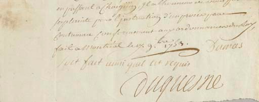 [FRENCH & INDIAN WAR]. DUQUESNE DE MENNEVILLE, Ange, Marquis DUQUESNE ...