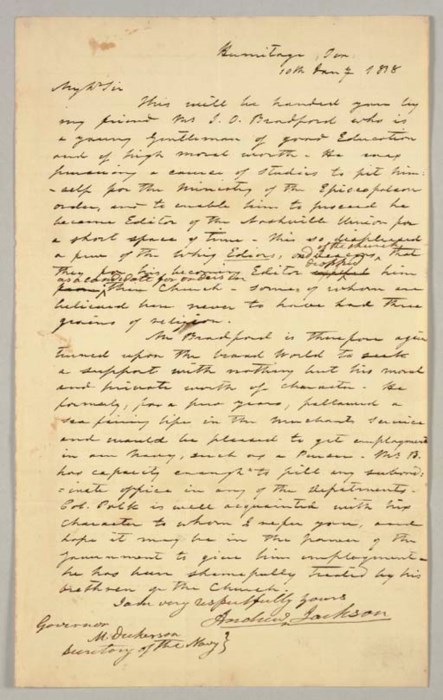JACKSON, Andrew. Letter signed ("Andrew Jackson"), as former President ...