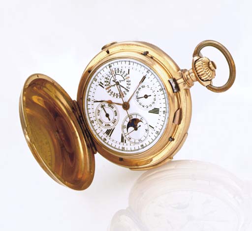 BOREL FILS. A RARE 14K PINK GOLD HUNTER CASE PERPETUAL CALENDAR MINUTE ...