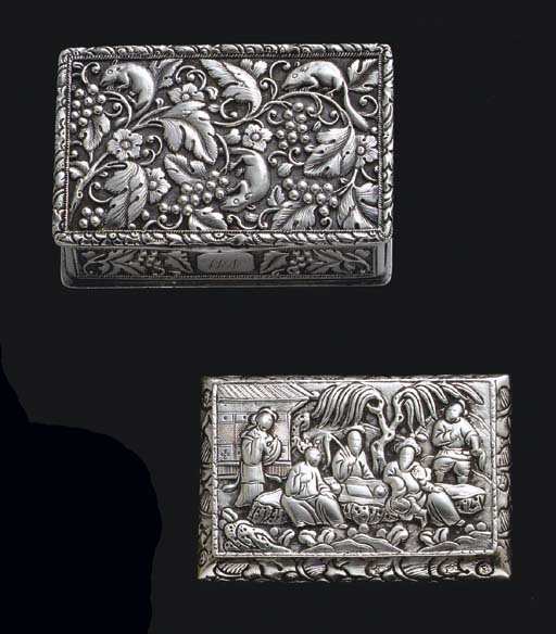 FOUR CHINESE EXPORT SILVER SNUFF BOXES AND TWO VINAIGRETTES