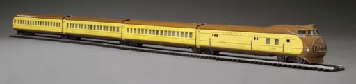 A Union Pacific Streamlined Diesel Locomotive and Three Cars
