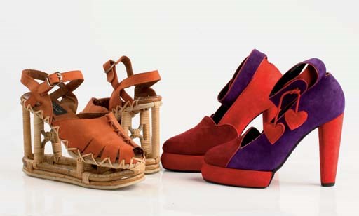 Rattan and natural bamboo open-work platform sandals, the upper of ...