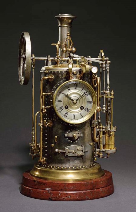 Vertical Steam BoilerA rare French brass, silvered brass and red marble ...