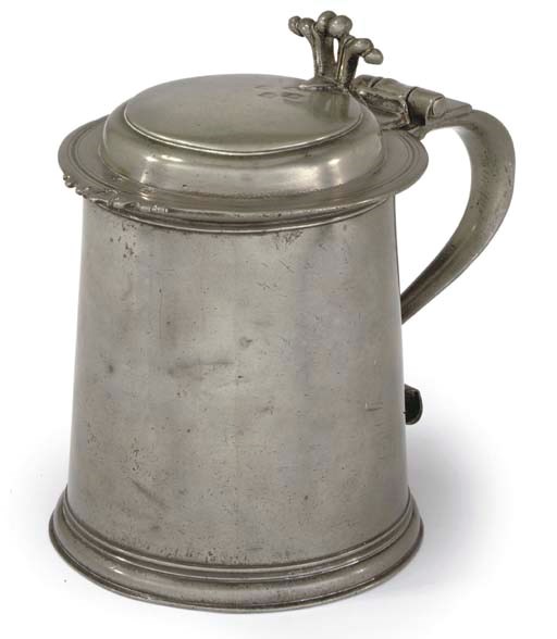 A FINE ENGLISH PEWTER FLAT-LID TANKARD , BY THE MAKER I.B. CIRCA 1680 ...