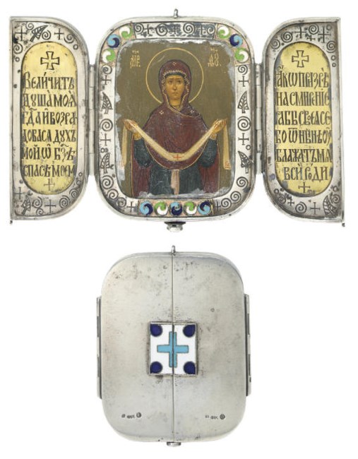 A TRIPTYCH WITH THE MOTHER OF GOD , RUSSIAN, MARK OF OLOVYANISHNIKOV SONS, MOSCOW, 1908-17 ...