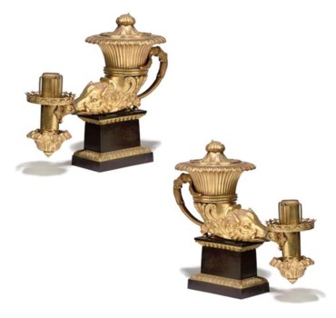 A PAIR OF REGENCY ORMOLU COLZA-OIL RHYTON LAMPS , BY THOMAS MESSENGER ...