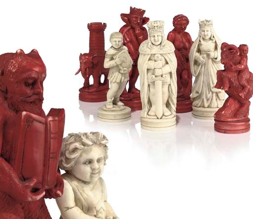 A CONTINENTAL CARVED IVORY FIGURAL CHESS SET , LAST QUARTER 19TH ...