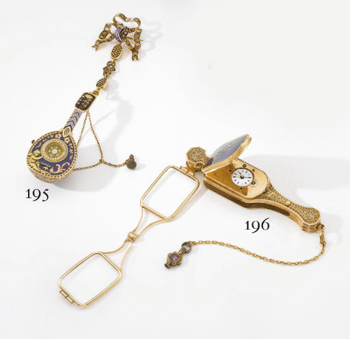Swiss. A fine and rare 18K gold, enamel and pearl-set mandolin-form ...