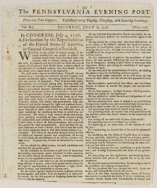 [DECLARATION OF INDEPENDENCE]. The Pennsylvania Evening Post, Number ...