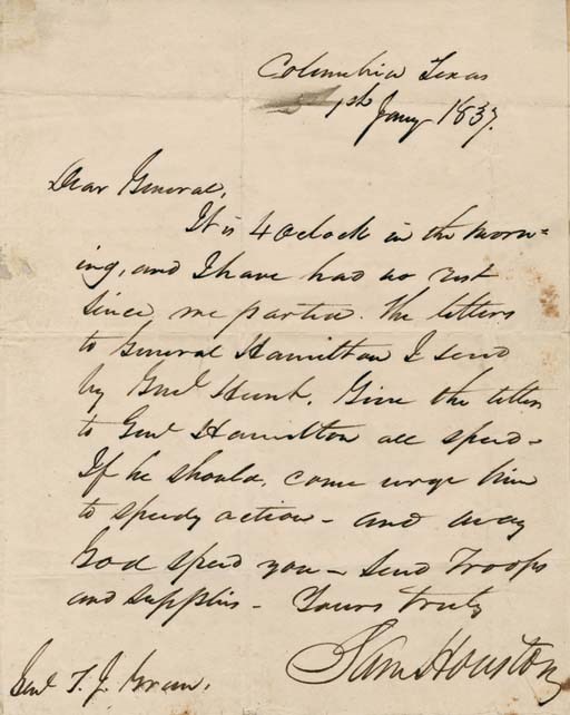 HOUSTON, Sam (1793-1863). Autograph letter signed ("Sam Houston,") as ...