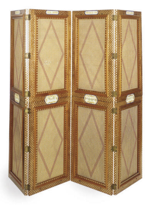 A POLYCHROME PAINTED CANED WALNUT FOUR PANEL SCREEN,