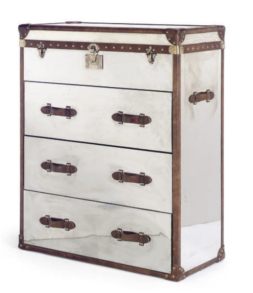 A LEATHER BOUND CHROMED-METAL CHEST OF DRAWERS,
