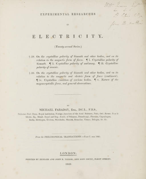 FARADAY, Michael (1791-1867). "Experimental Researches in Electricity ...