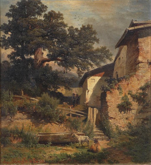 August Schaeffer (Austrian, 1833-1916) , By the farmhouse | Christie's