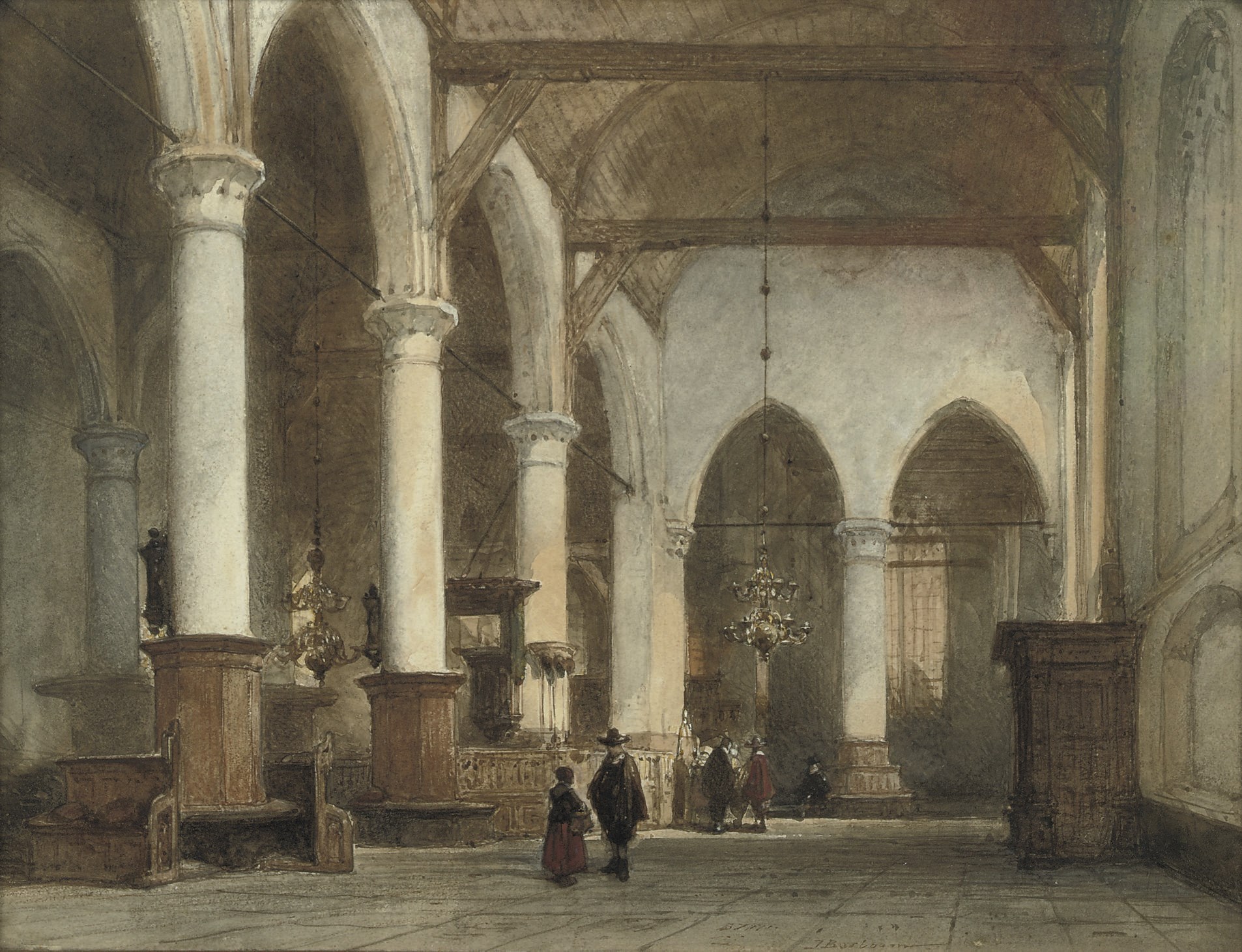 Johannes Bosboom (Dutch, 1817-1891) , Elegant figures in the Grote Kerk ...
