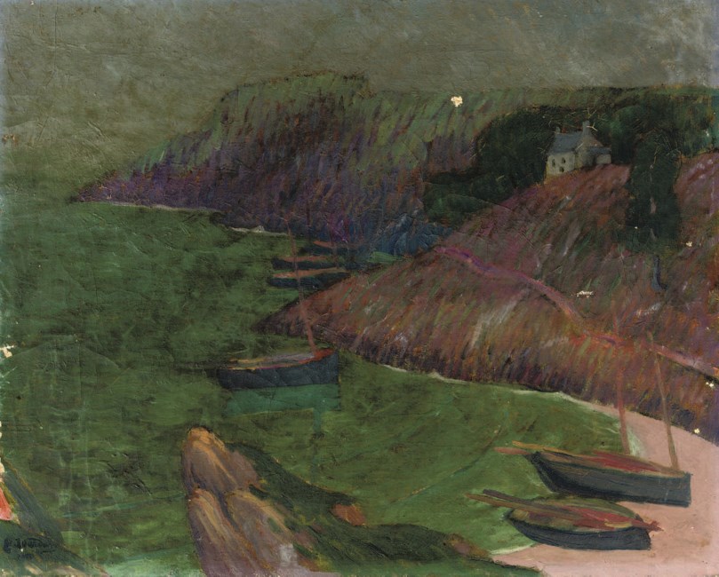 Emile Jourdan (FRENCH, 1860-1931) , Boats in a bay near Brigneau ...