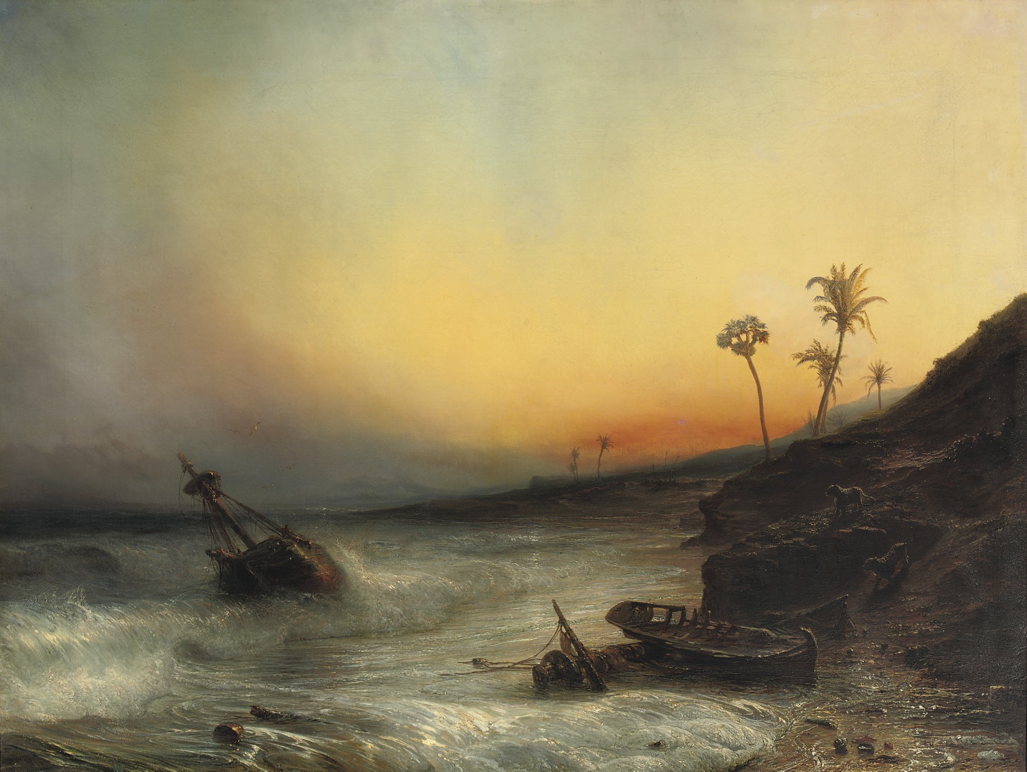 Theodore Gudin (French, 1802-1880) , Prowling along a tropical coast at ...