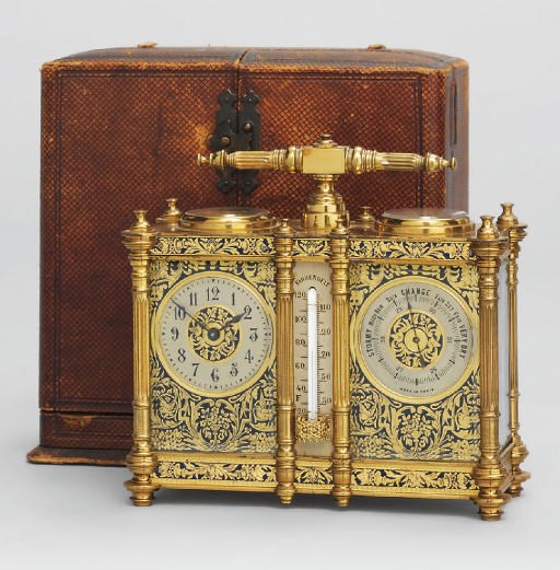 A French brass and enamel compendium eight day carriage timepiece ...