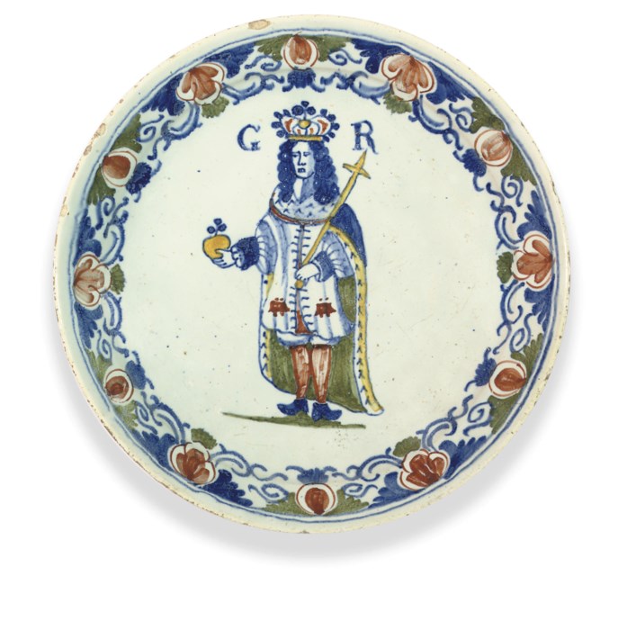 A TIN-GLAZED DELFT POLYCHROME ROYAL PORTRAIT PLATE , CIRCA 1715-25 ...