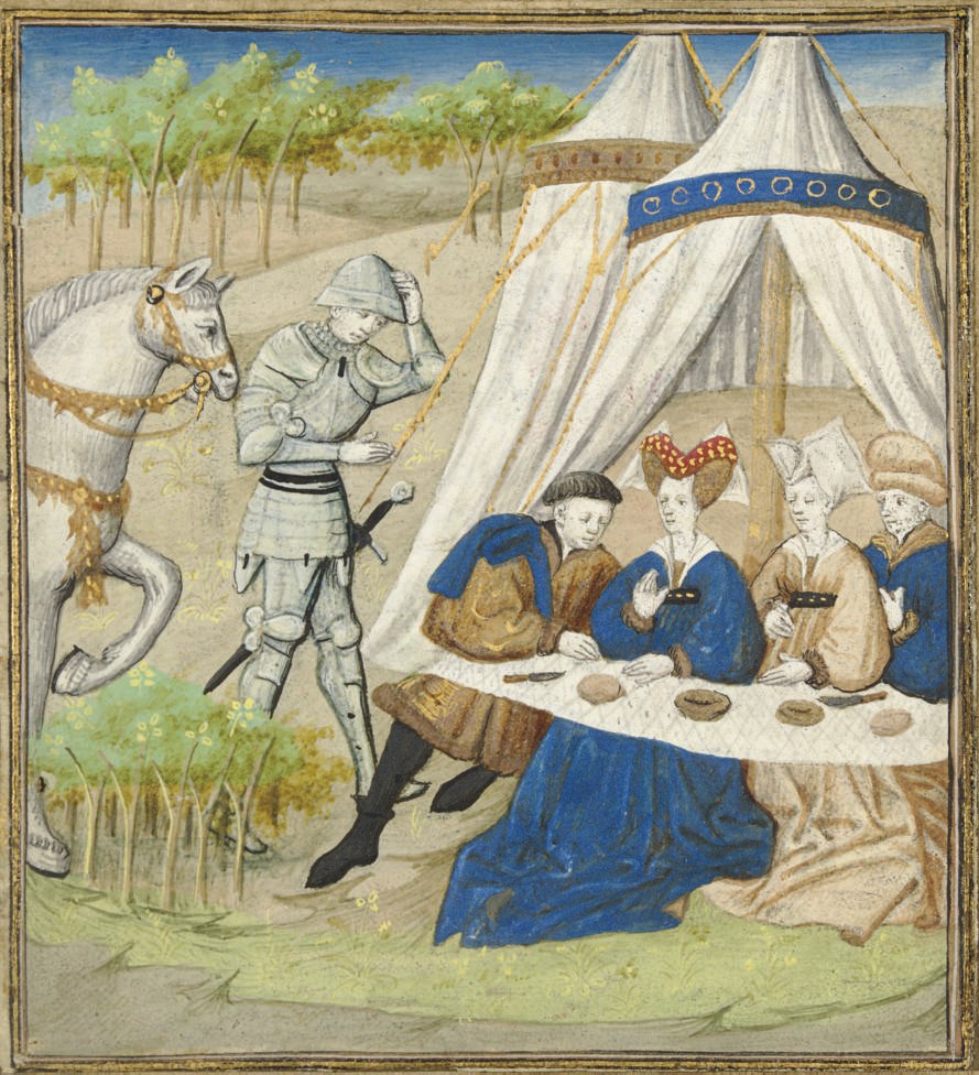 LANCELOT APPROACHES TWO COUPLES DINING, miniature cut from Livre du ...