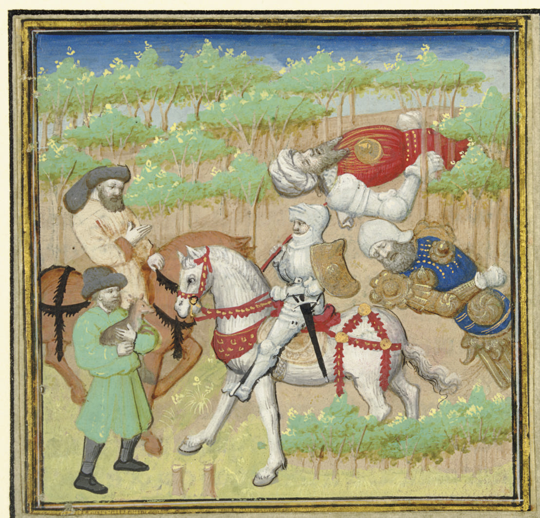 LANCELOT WITH THE SLAIN GIANTS, miniature cut from Livre du Lancelot ...