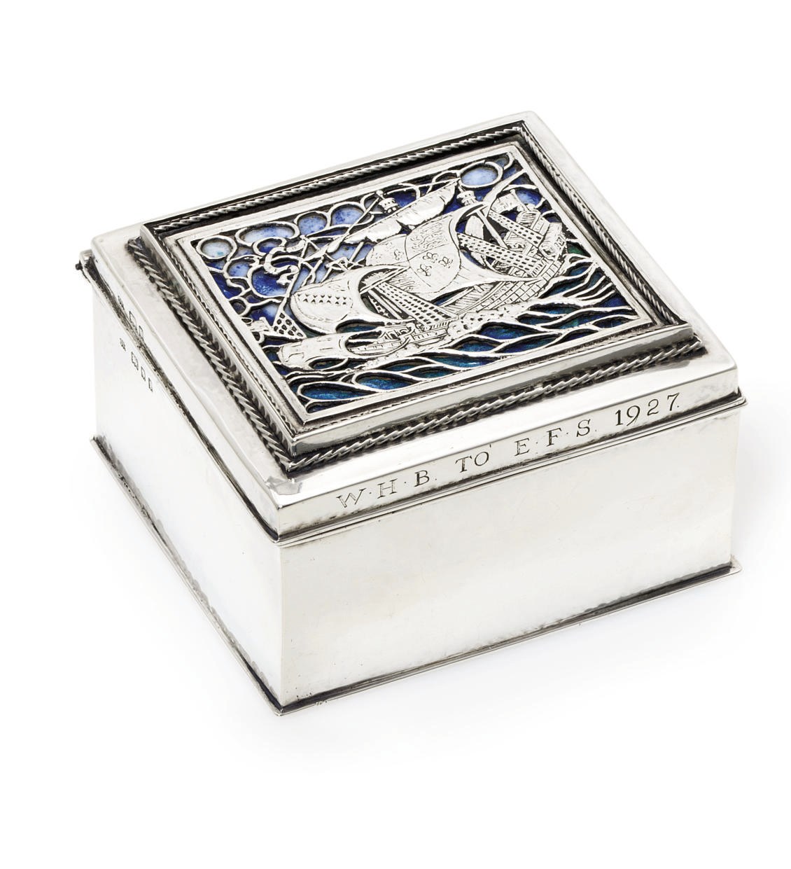 A GEORGE V SILVER AND ENAMEL CIGARETTE-BOX , MARK OF OMAR RAMSDEN ...