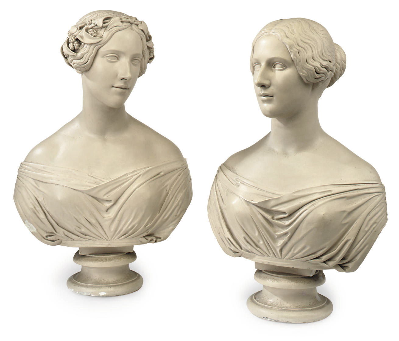 A PAIR OF ENGLISH PAINTED PLASTER BUSTS OF MAIDENS