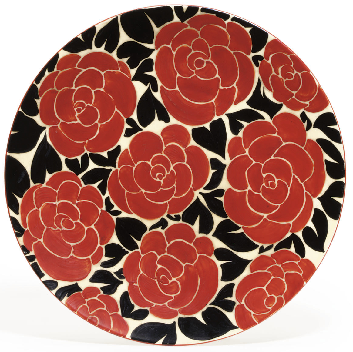 A CLARICE CLIFF 'LATONA RED ROSES' POTTERY WALL PLAQUE , DESIGNED 1929 ...