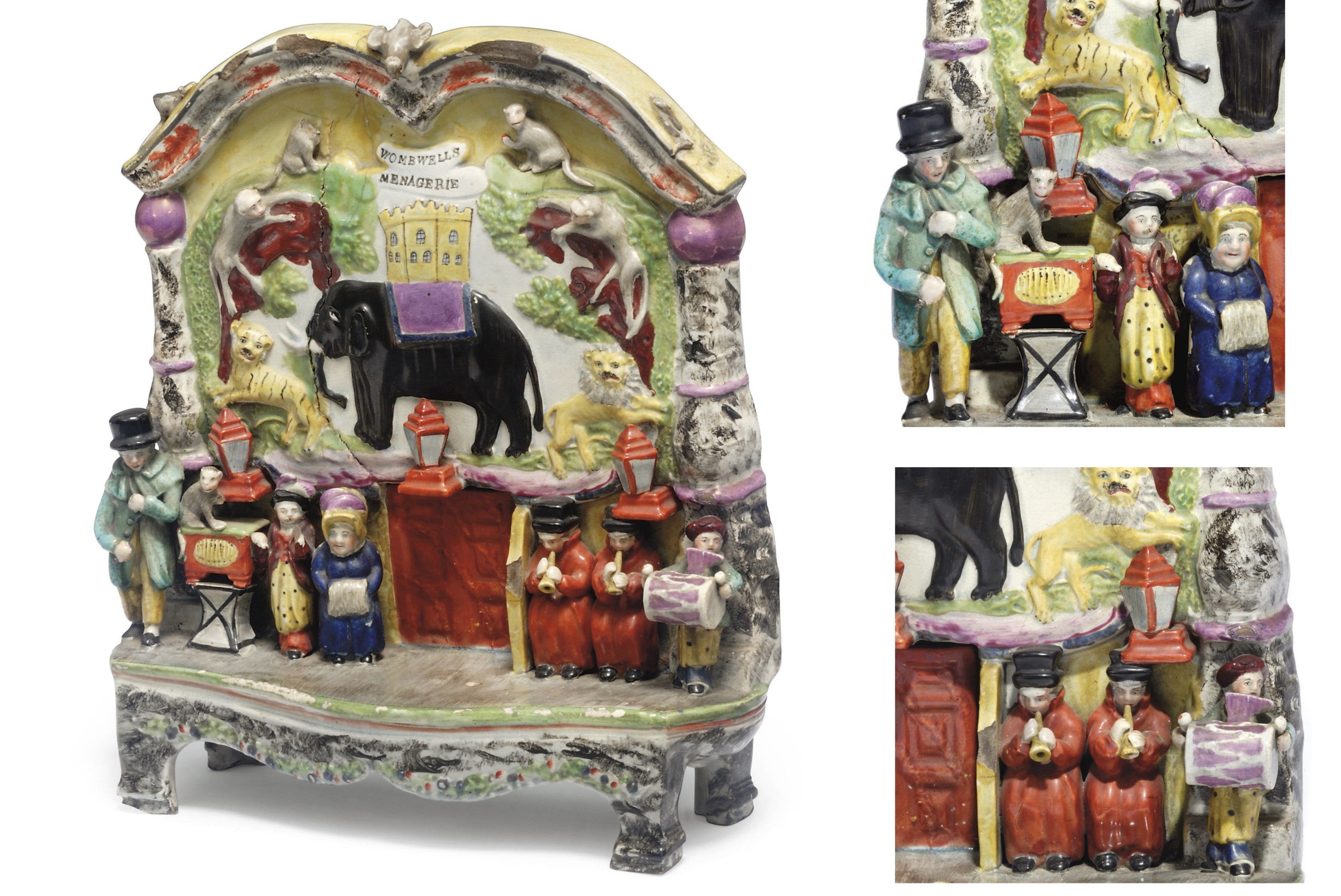 A STAFFORDSHIRE PEARLWARE WOMBWELL'S MENAGERIE TABLE-BASE GROUP , CIRCA ...