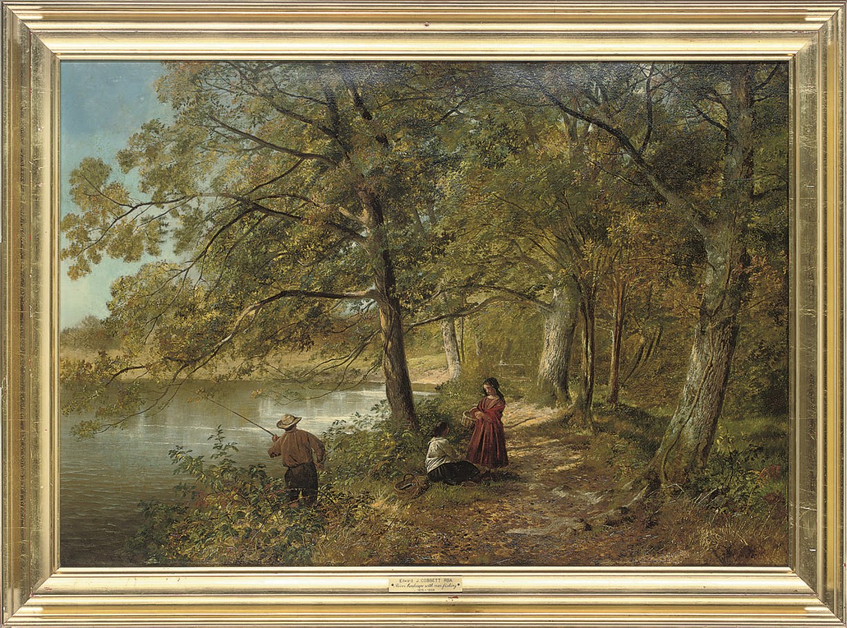 Edward John Cobbett (1815-1899) , Figures fishing on a river bank ...