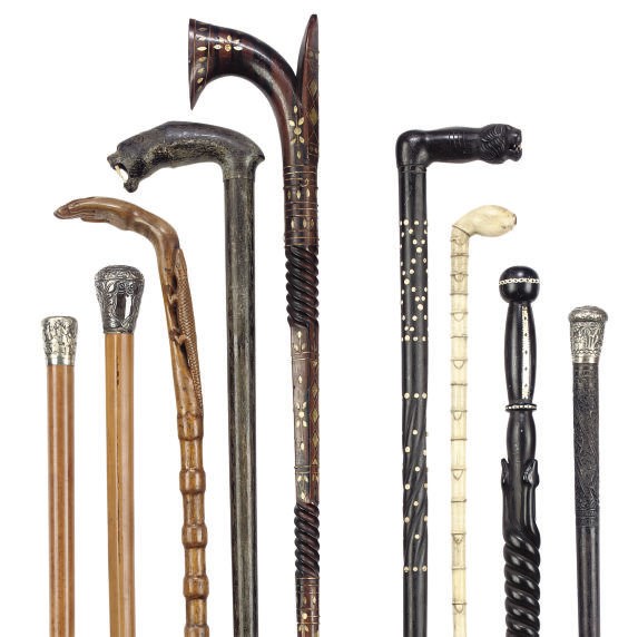 A COLLECTION OF TEN INLAID WALKING STICKS , MOSTLY INDIAN, LATE 19TH ...