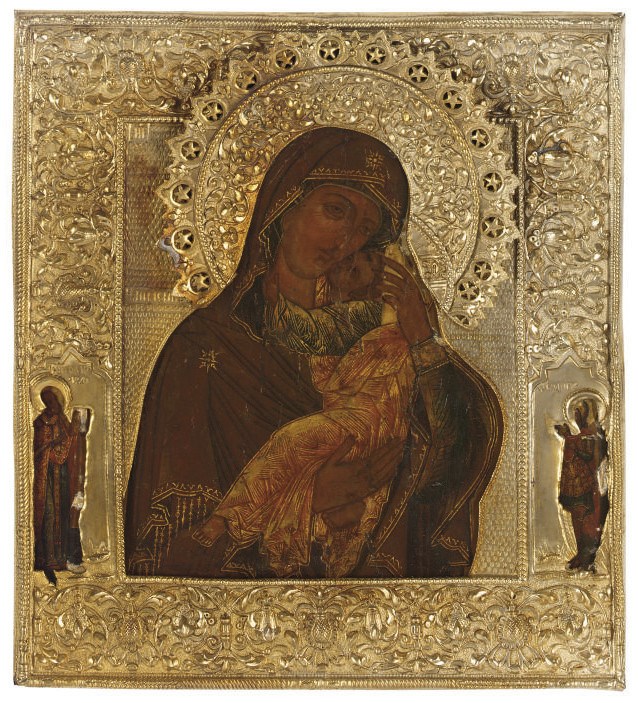 THE MOTHER OF GOD OF TENDERNESS WITH THE PATRON STS. NICHOLAS AND THEODORE ON THE BORDER, 18TH ...