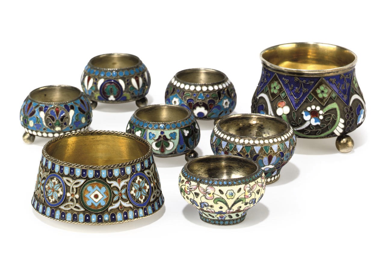 A GROUP OF EIGHT RUSSIAN SILVER AND CLOISONNÉ ENAMEL SALTS , VARIOUS ...