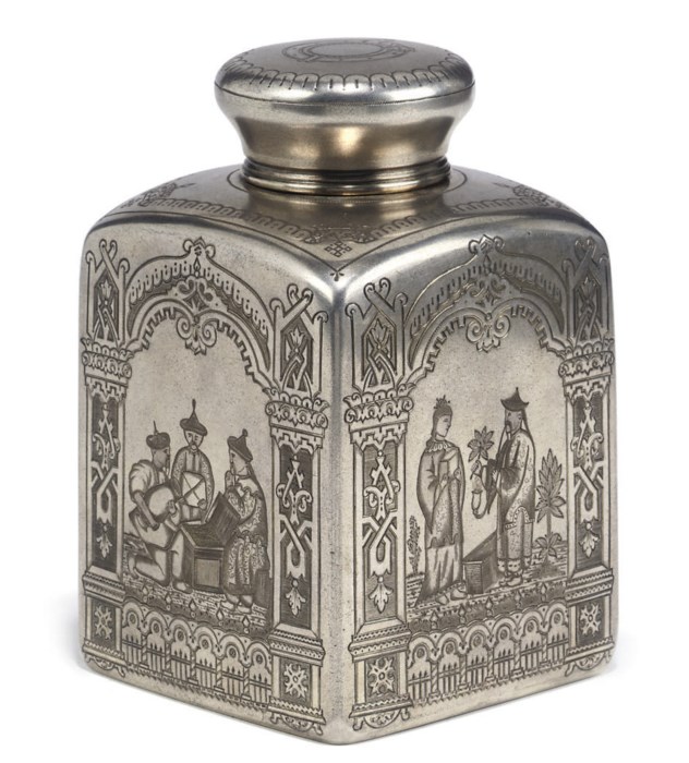 A RUSSIAN SILVER CHINOISERIE TEA CADDY , MAKER'S MARK PROBABLY AL ...